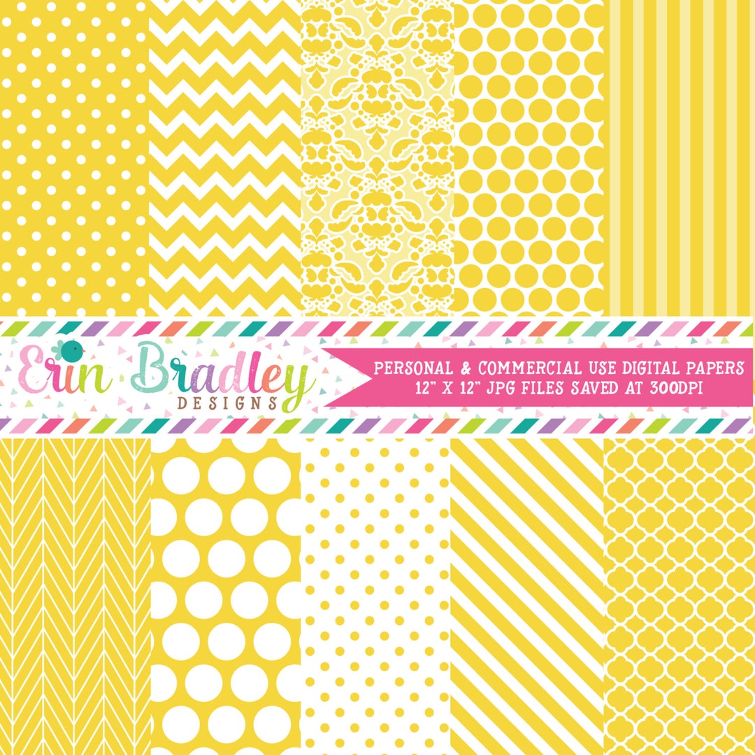 Yellow Digital Paper Pack Polka Dots Damask Chevron and Striped ...