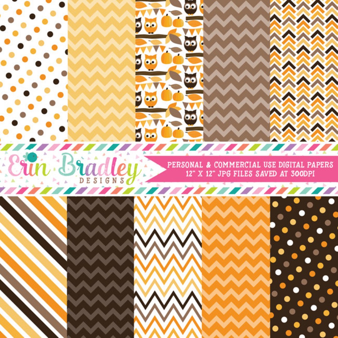 Autumn Owls Orange Brown and Yellow Digital Paper Pack Instant Download ...