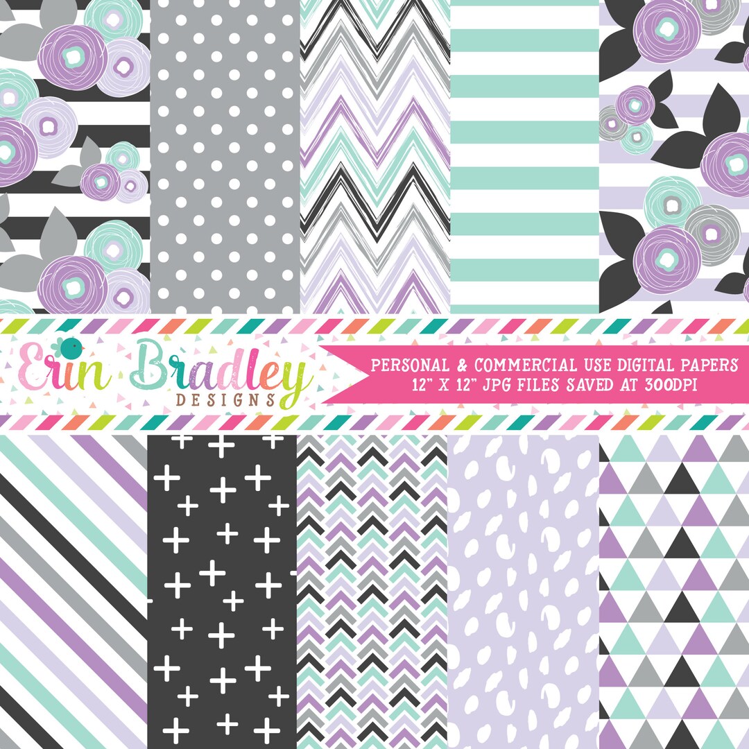Purple Floral Digital Paper Pack: Chevron, Polka Dot, Stripe (digital ...