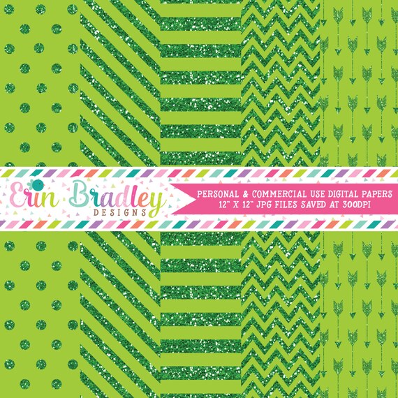 Green Glitter Digital Paper Pack Stripes Polka Dots Arrows and Chevron ...