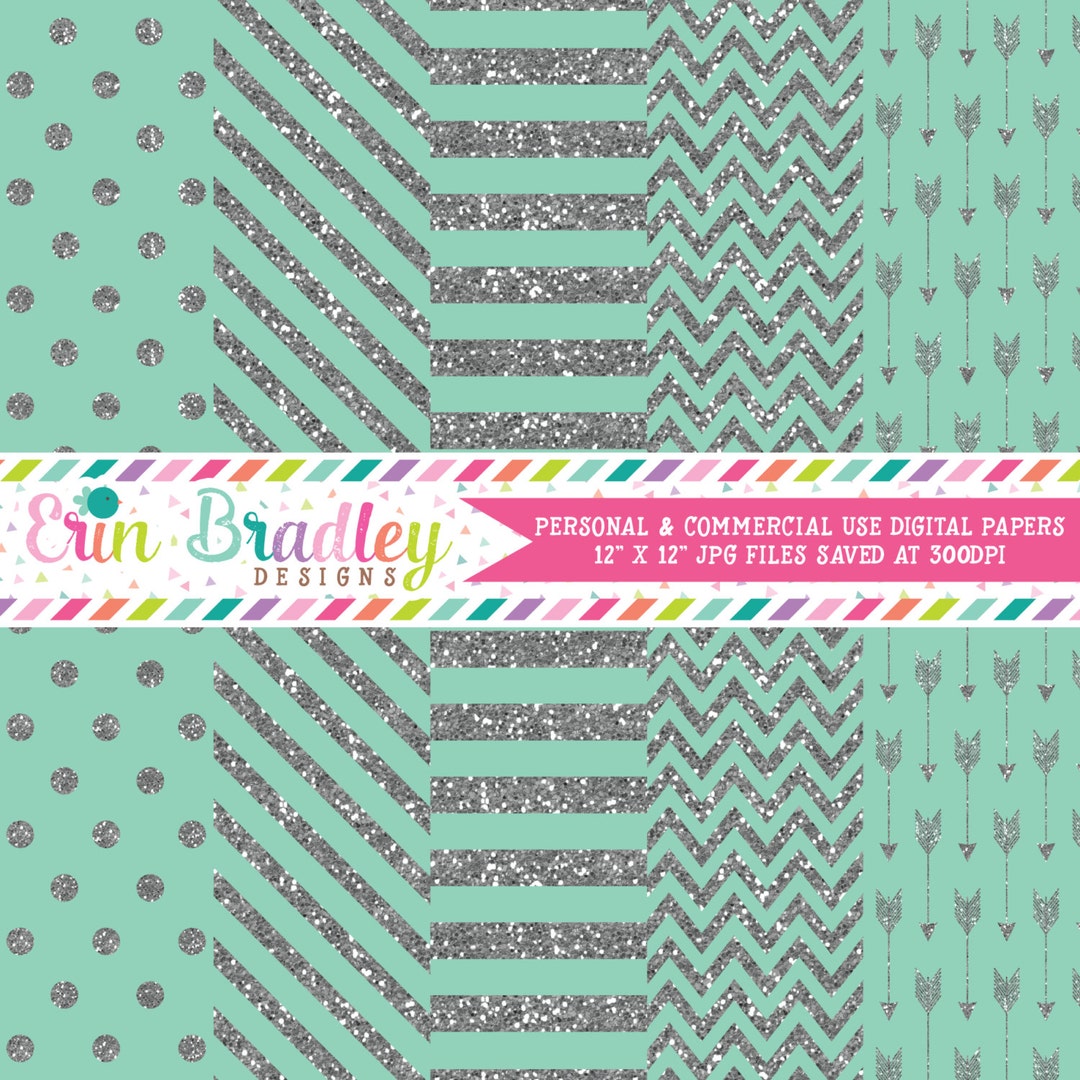 Silver Glitter Digital Paper Pack With Aqua Commercial Use Digital ...