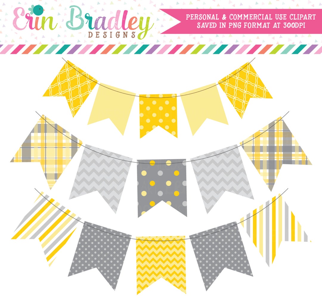 Yellow & Gray Bunting Clip Art Banner Flags Clipart Commercial Use - Etsy