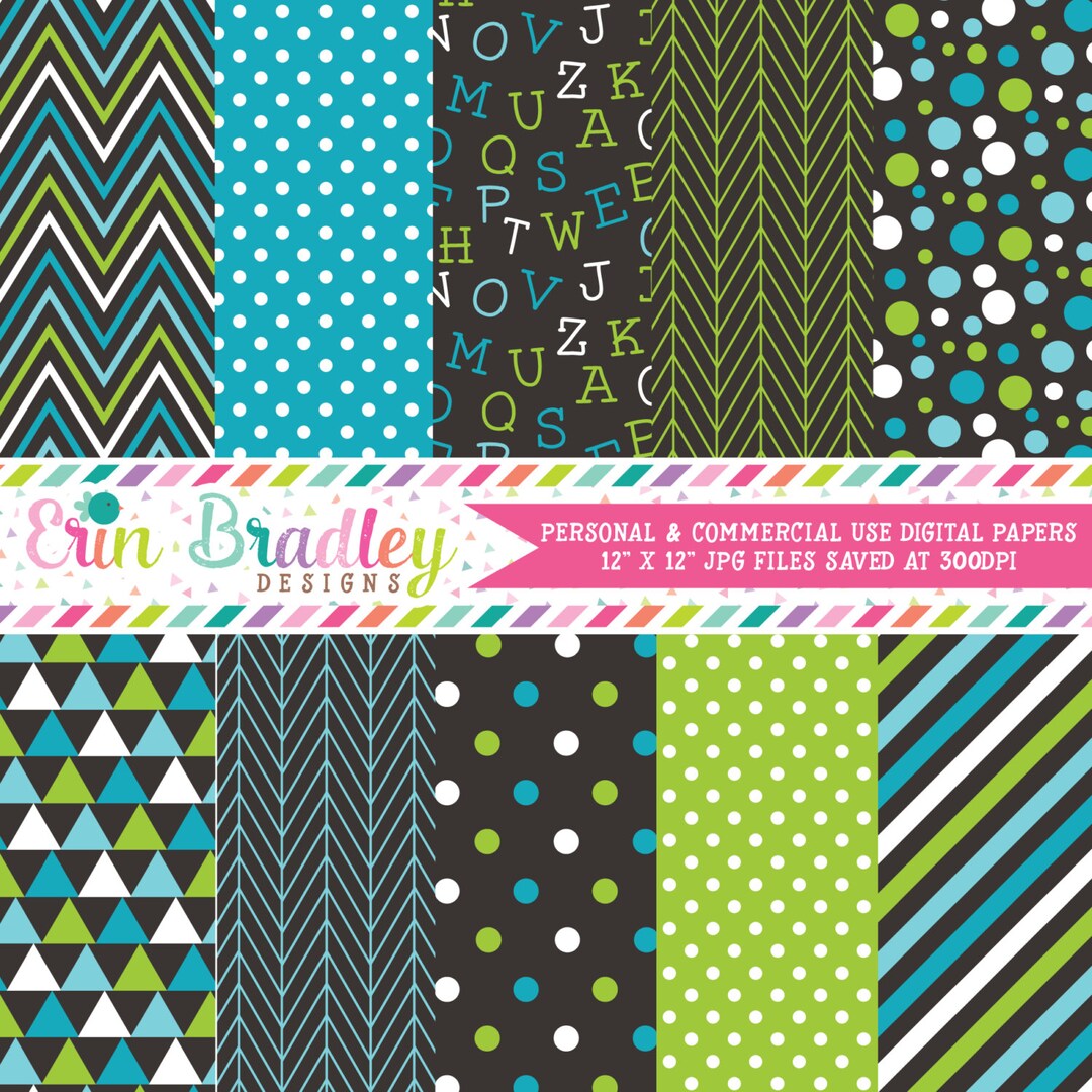 Blue Green Digital Scrapbook Paper Pack With Alphabet Pattern Chevron ...