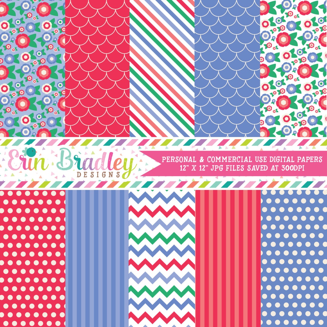 Digital Paper Pack Personal and Commercial Use Blue and Red Flowers - Etsy