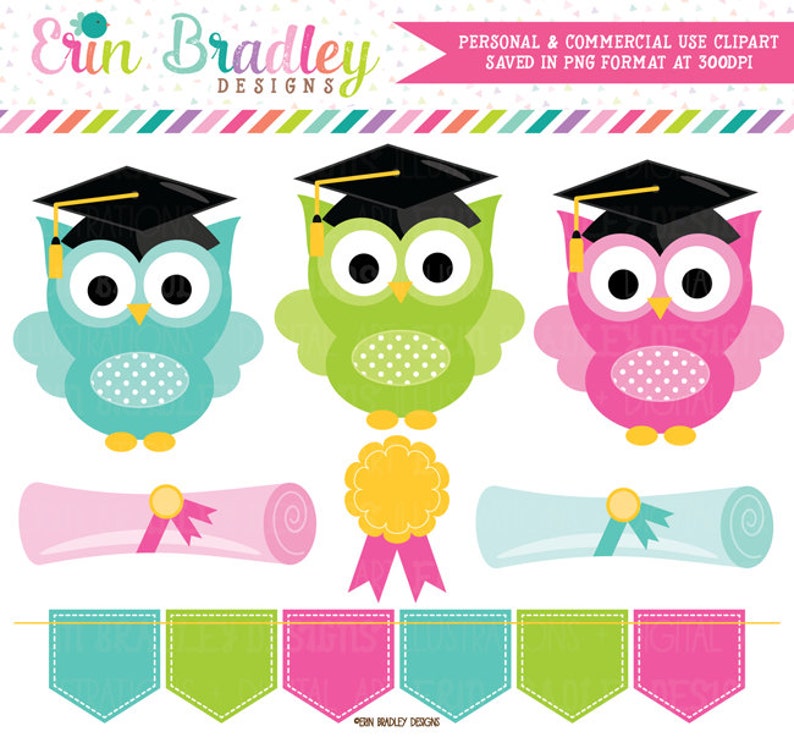 Graduation Owl Clipart: School Graphics With Diploma & Bunting (digital ...