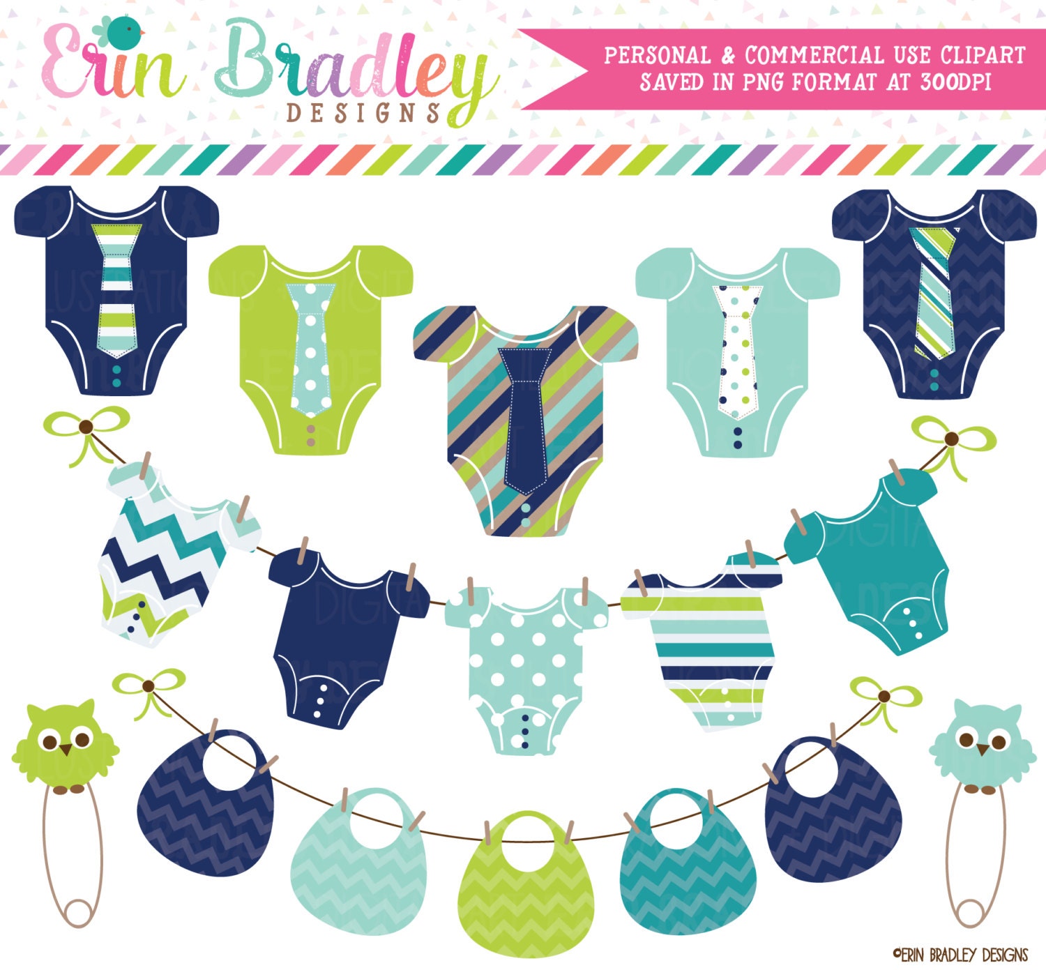 Baby Boy Clipart Set: Infant Tees, Bunting, Bibs (PNG, Instant Download ...