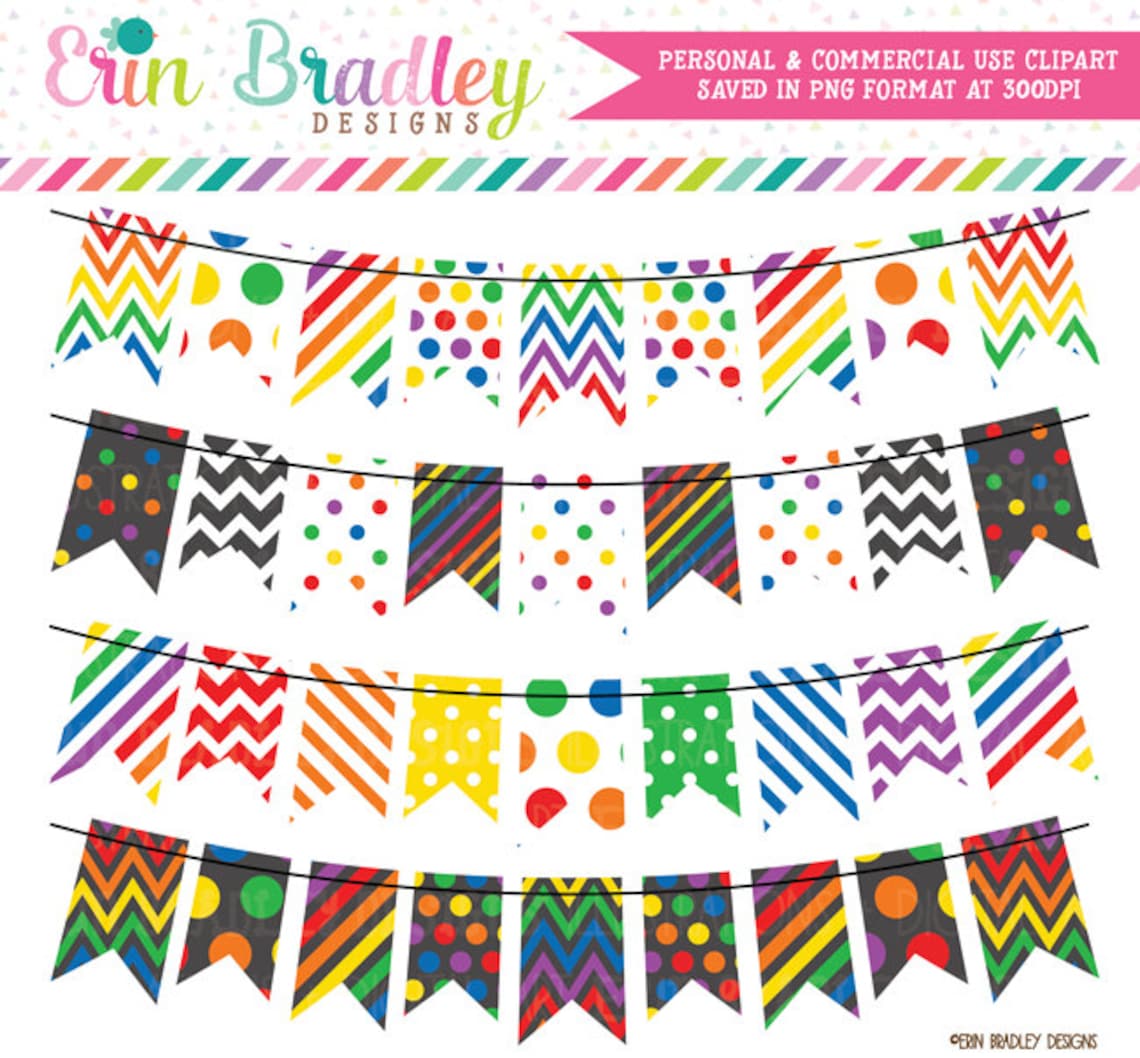 Rainbow Bunting Clipart: Chevron, Polka Dot Banner Flags (digital ...