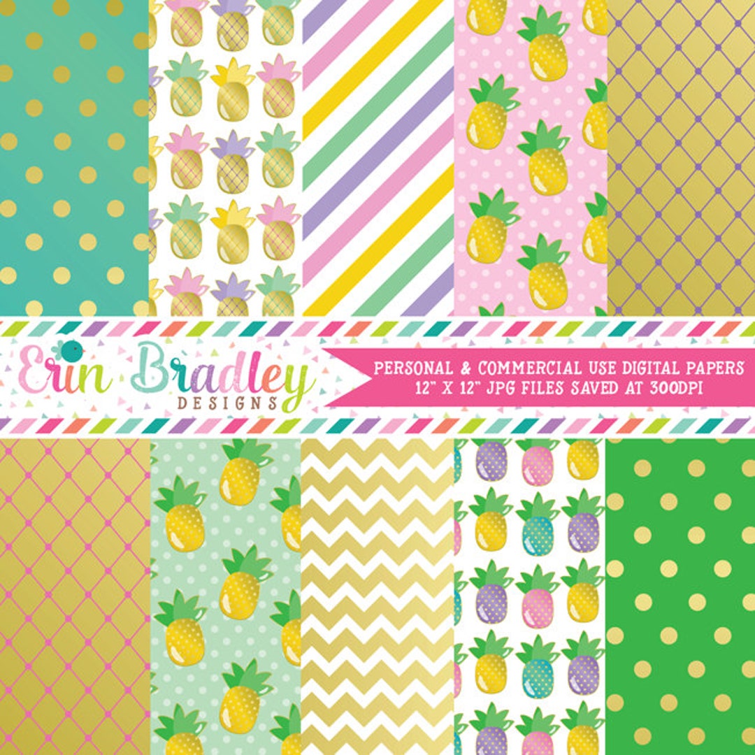 Golden Pineapple Digital Paper Pack: Diamonds, Polka Dots, Chevron ...
