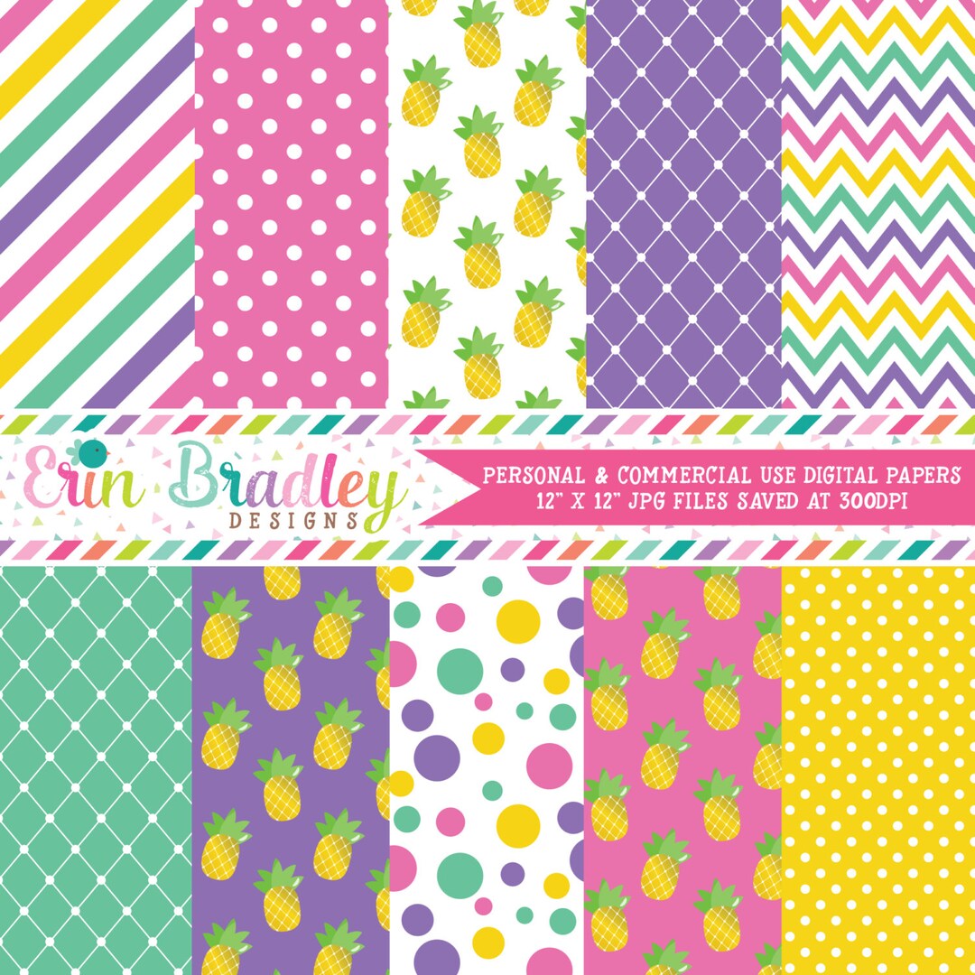 Pineapples Digital Scrapbook Paper Pack With Diamonds Pineapples Polka ...