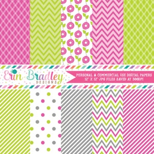 Commercial Use Digital Papers Pink Lime Green & Gray Chevron Stripes ...