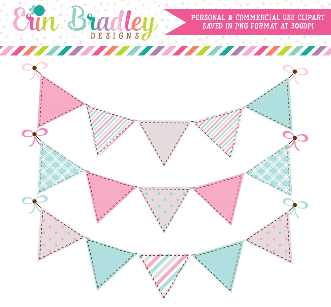 Digital Clipart Graphics Pink and Blue Bunting Flags Commercial Use ...