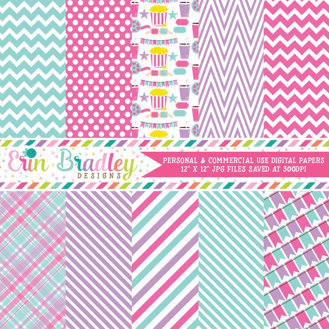 Girls Movie Party Digital Paper Pack in Pink Purple & Aqua | Etsy