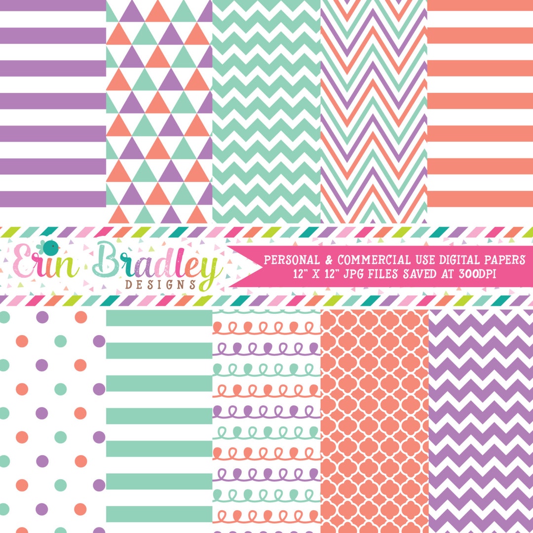Digital Paper Pack in Purple Orange & Aqua Blue Stripes Doodles ...