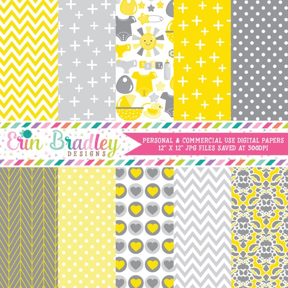 Gender Neutral Baby Digital Paper Pack in Yellow and Gray with Chevron ...