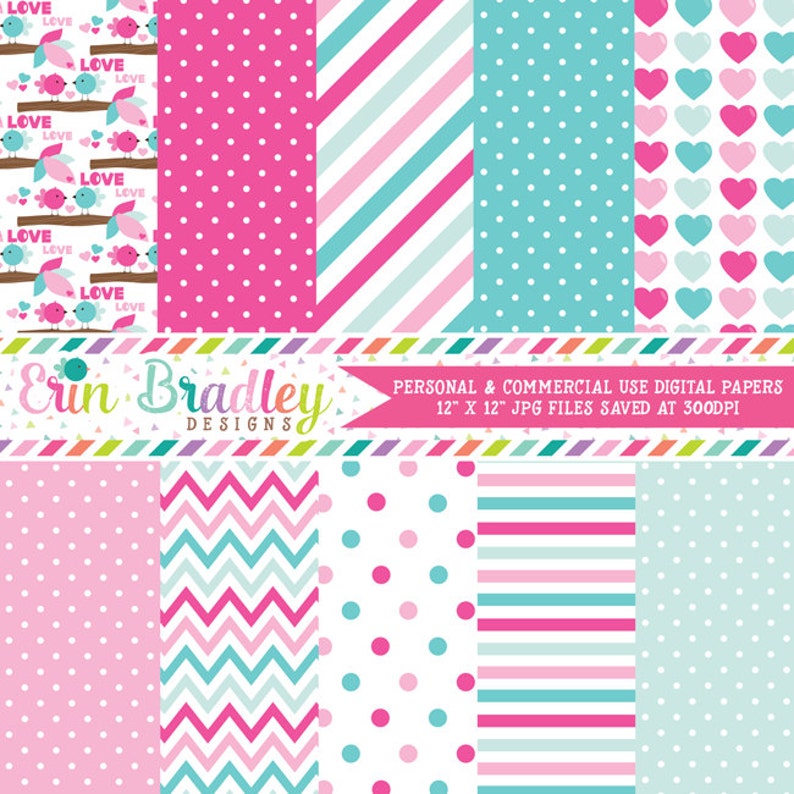Valentines Day Digital Paper Pack Love Birds Commercial Use - Etsy
