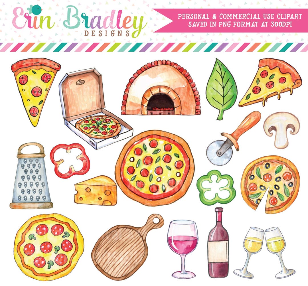 Pizza Night Watercolor Clipart, Pizza Party Clip Art, Pizza Stone, Wine ...