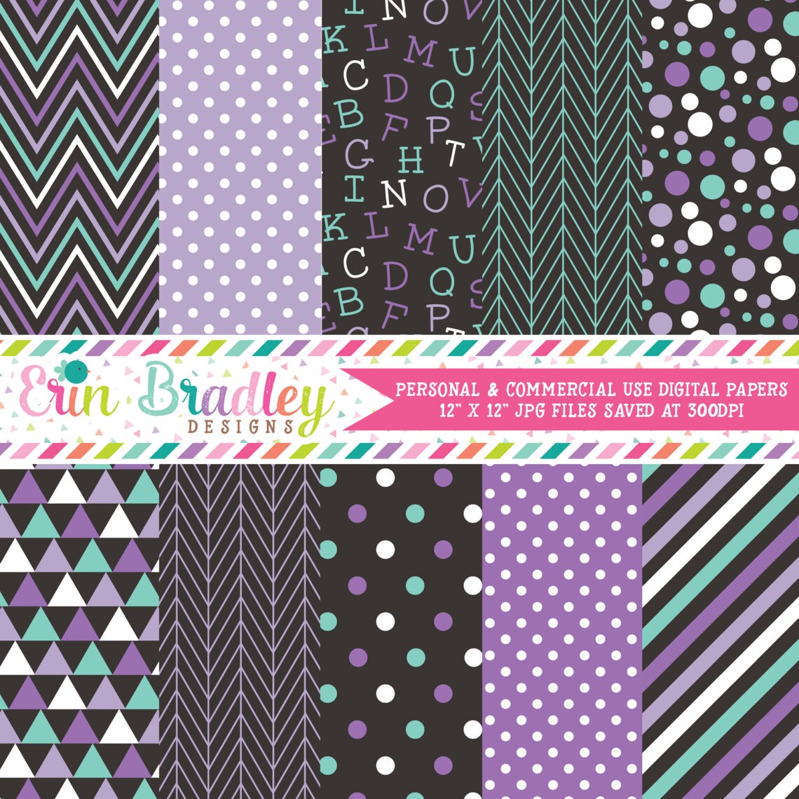 Purple and Blue Digital Scrapbook Papers Alphabet Pattern | Etsy