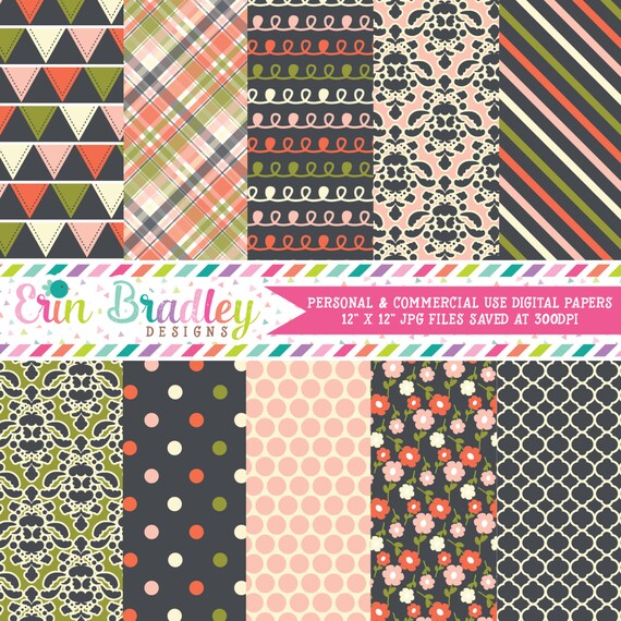 Digital Papers Damask Floral Polka Dot Triangle and Plaid - Etsy
