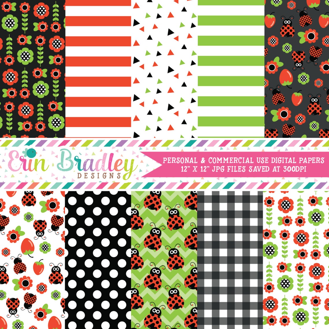 Ladybug Digital Paper Pack With Red Green & Black Floral and - Etsy