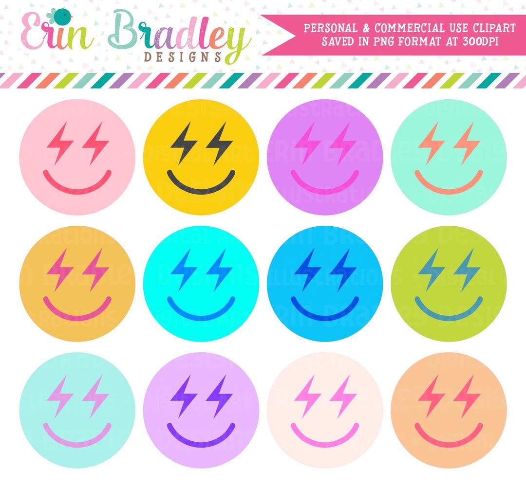 Retro Smiley Faces Clipart, Preppy Smiley Face With Lightning Bolts ...