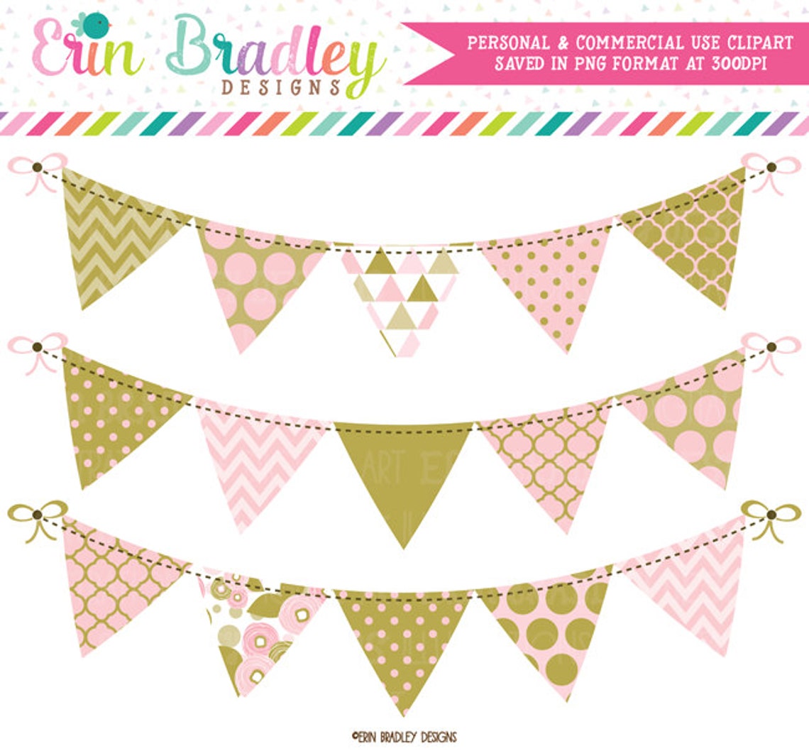 Pink and Gold Bunting Clipart Graphics Instant Download Banner | Etsy