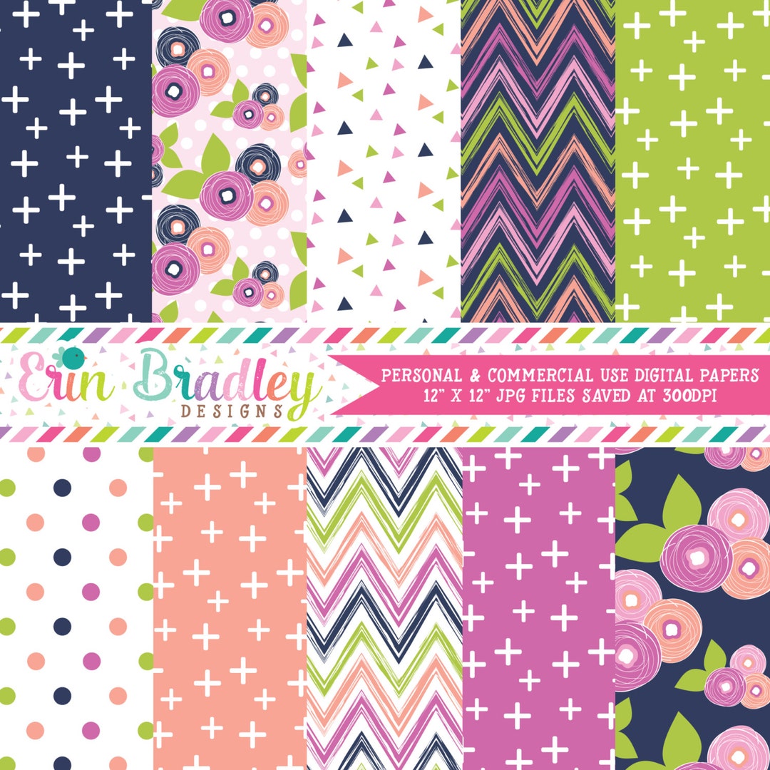 Blue Bloom Digital Paper Pack With Floral Chevron Cross Triangle and ...