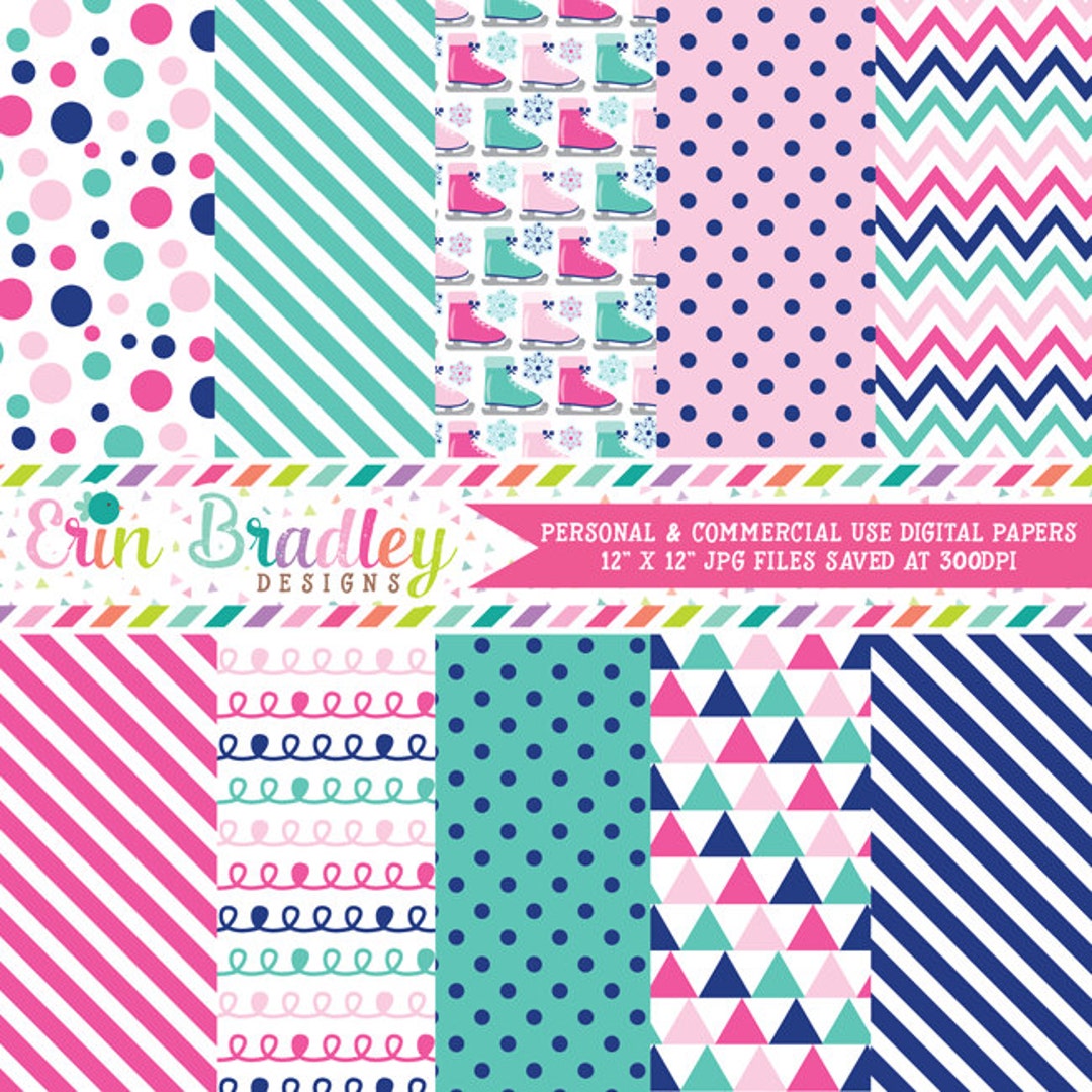 Ice Skating Digital Papers, Winter Digital Paper Pack, Pink & Blue ...