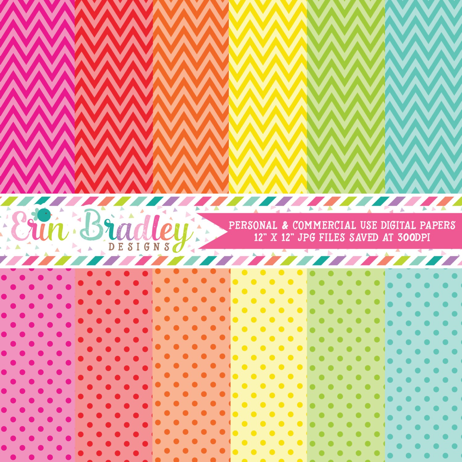 Rainbow Chevron Stripes & Polka Dots Commercial Use Digital | Etsy
