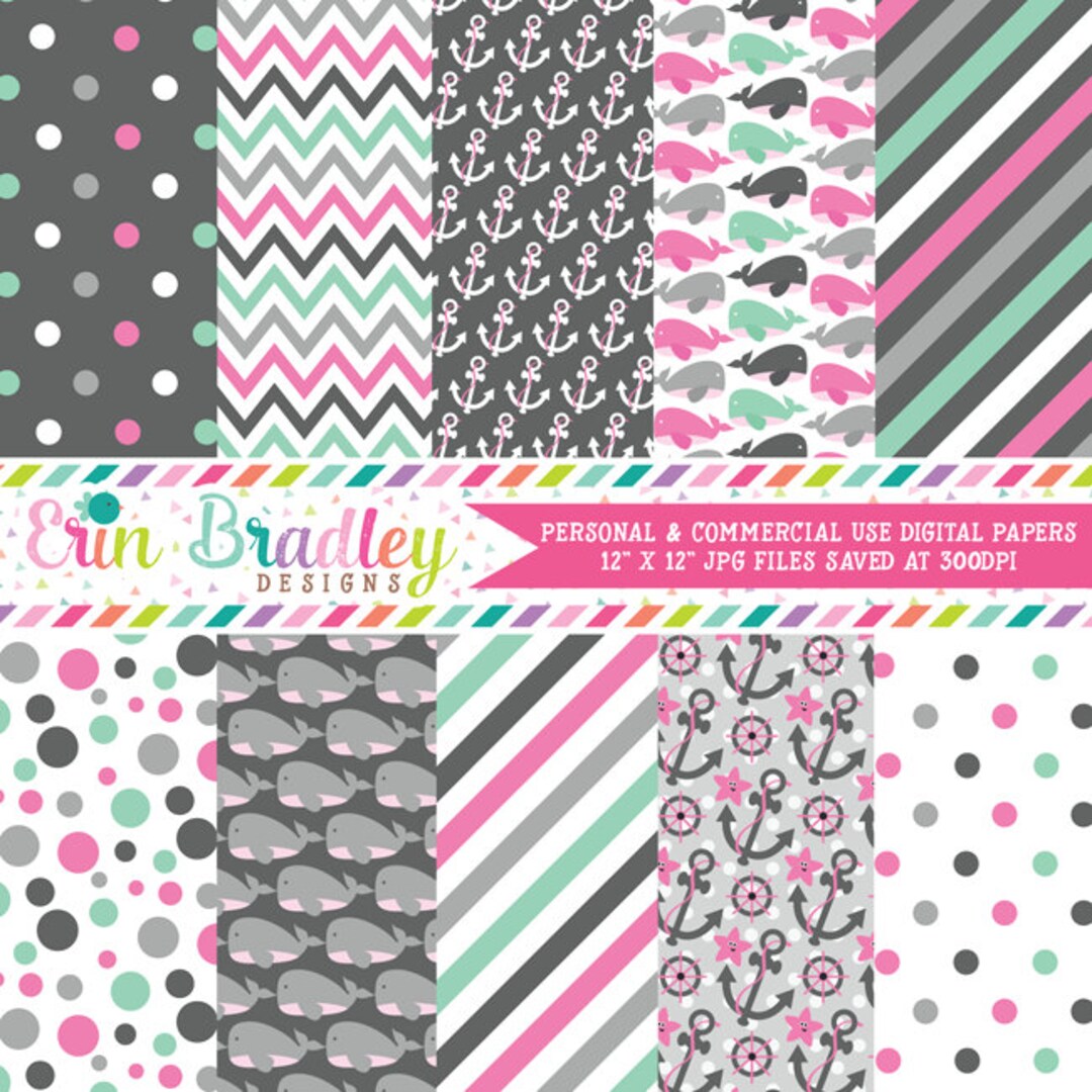 Nautical Girls Digital Papers Pack Anchors Whales Polka Dots Stripes ...