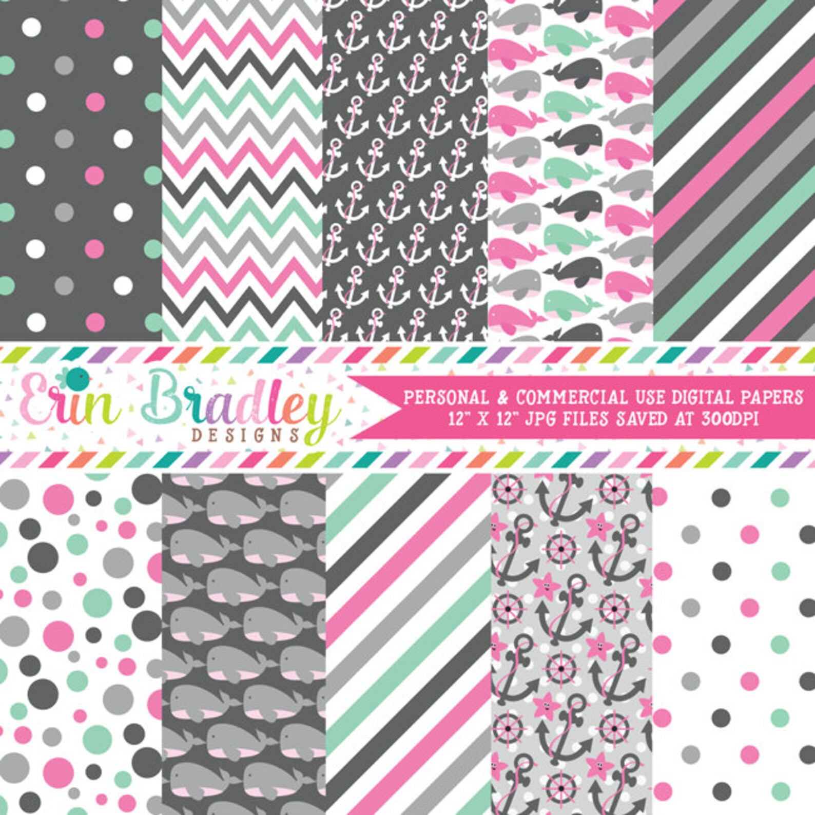 Nautical Girls Digital Papers Pack Anchors Whales Polka Dots Stripes ...