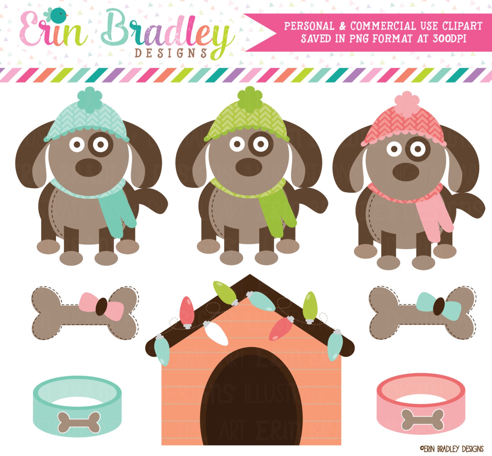 Winter Dogs Clipart Graphics With Dog House & Bones Bowls and - Etsy