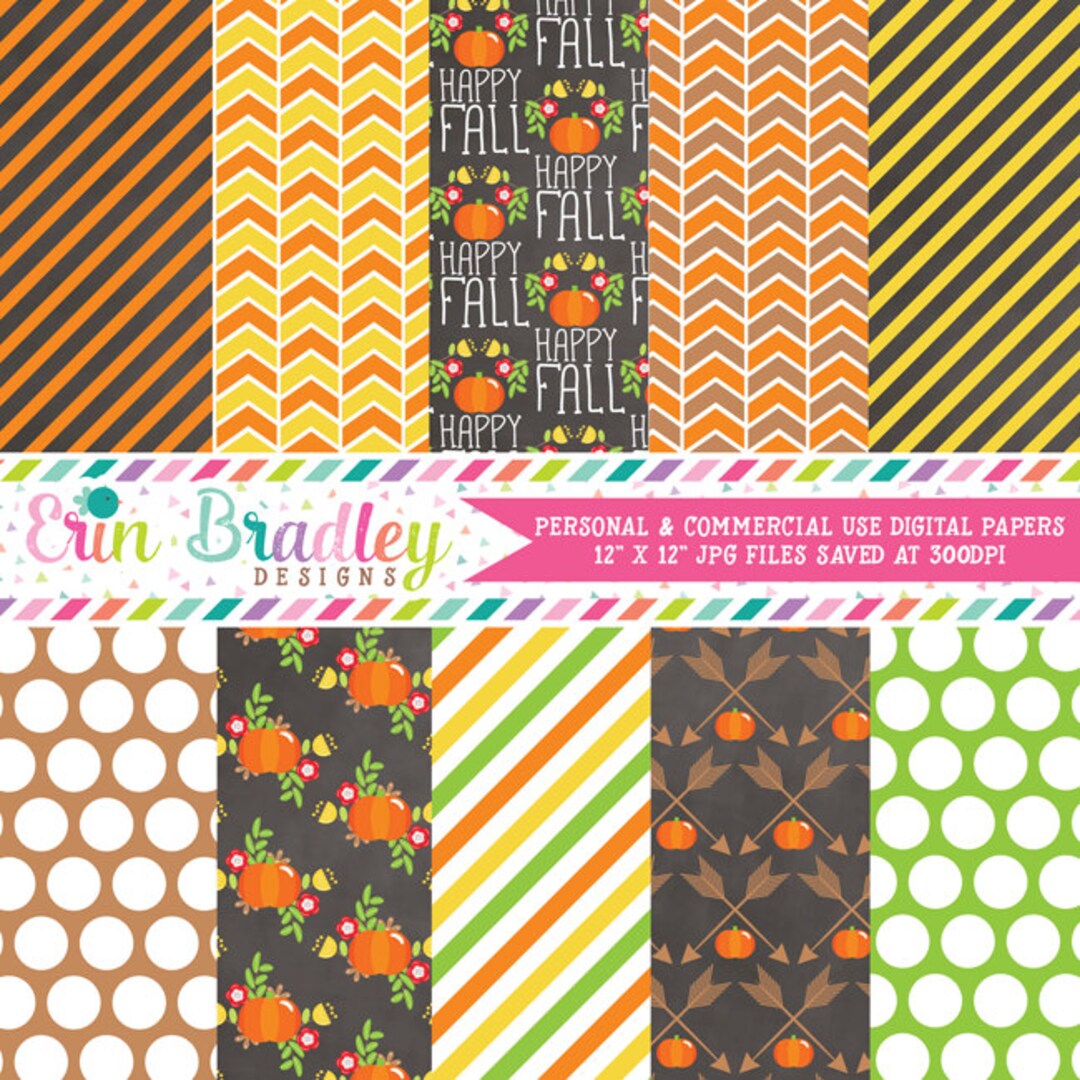 Fall Floral Digital Papers Stripes Pumpkins Polka Dotted - Etsy