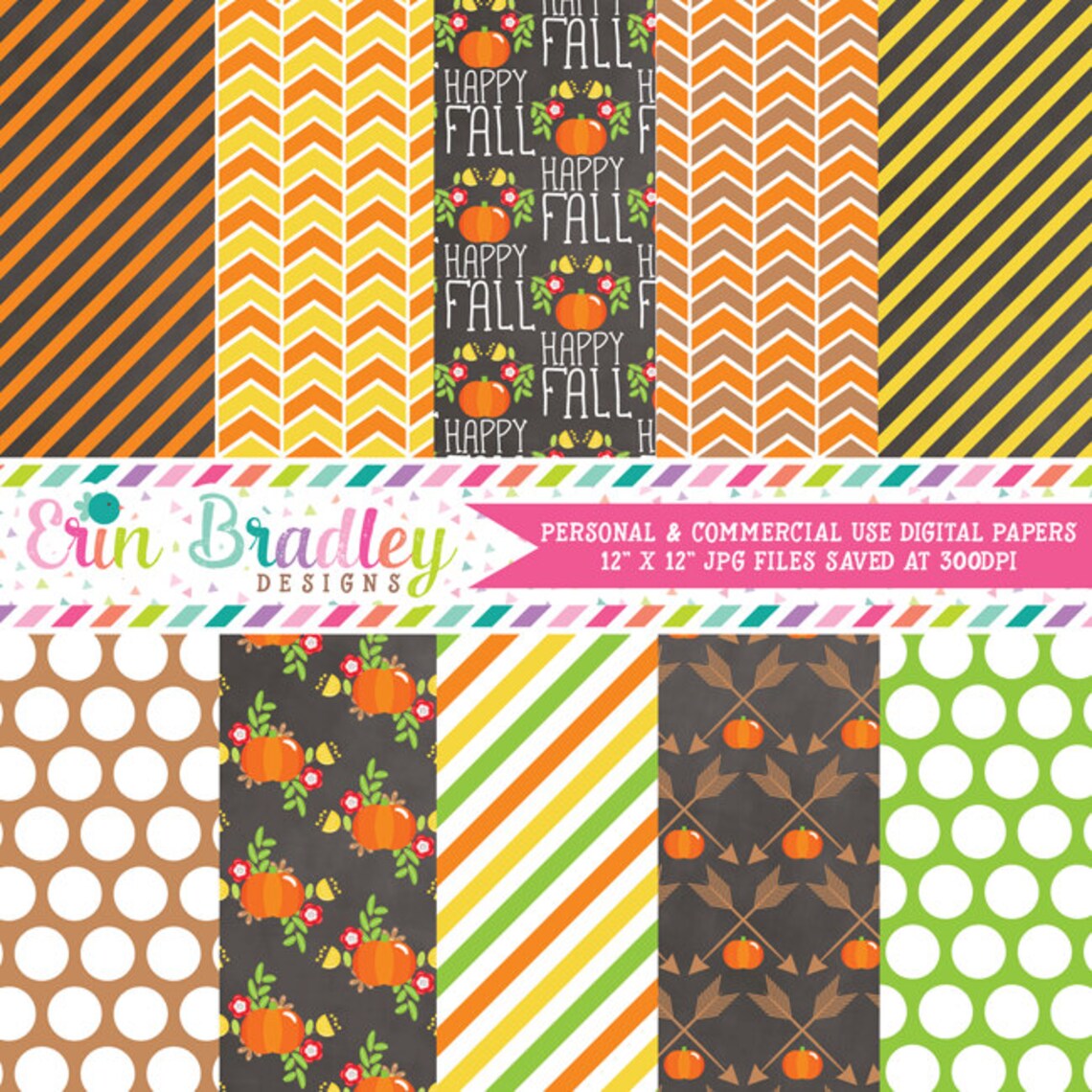 Fall Floral Digital Papers Stripes Pumpkins Polka Dotted - Etsy