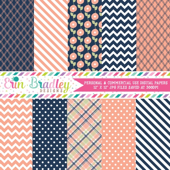 Peach and Navy Blue Digital Paper Set Commercial Use Instant Download ...