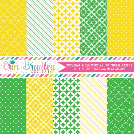 Yellow and Green Digital Scrapbook Papers, Digital Paper Pack, Stripes ...