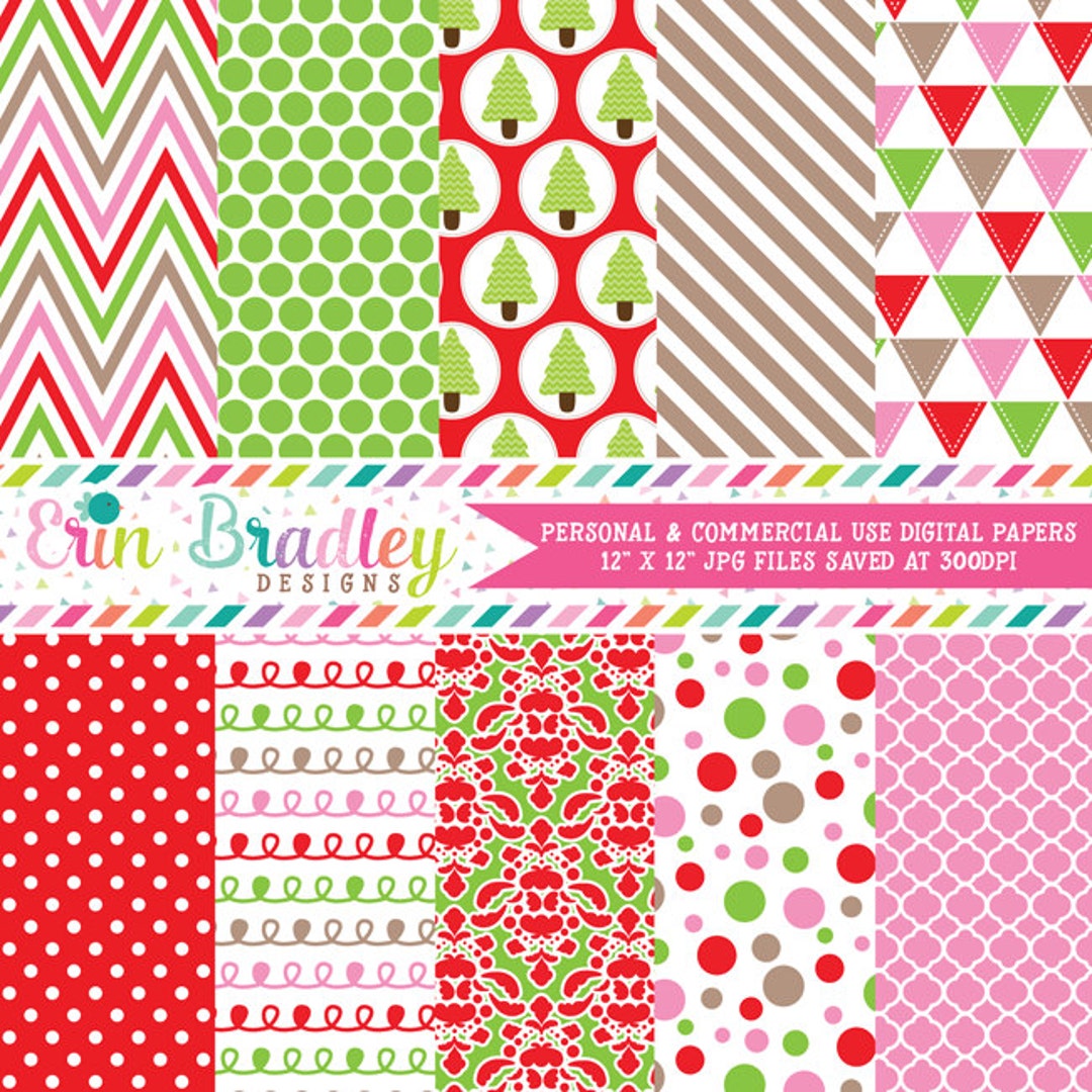 Instant Download Christmas Digital Papers Polka Dots Damask Trees ...