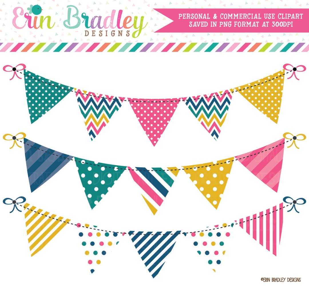 Bunting Banner Clipart Graphics Pink Yellow Teal and Blue Digital ...