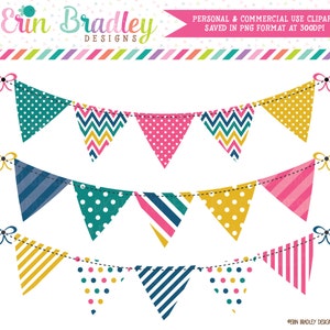 Bunting Banner Clipart Graphics Pink Yellow Teal and Blue Digital ...