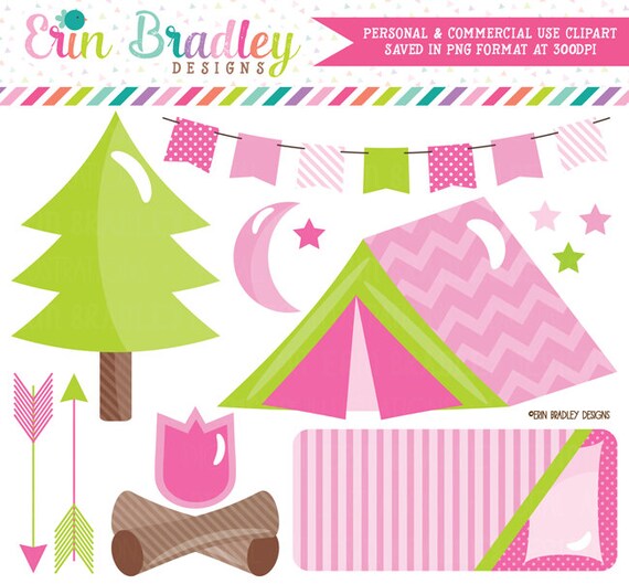 Girls Camping Clipart Set in Pink Glamping Clip Art Graphics with Tent ...