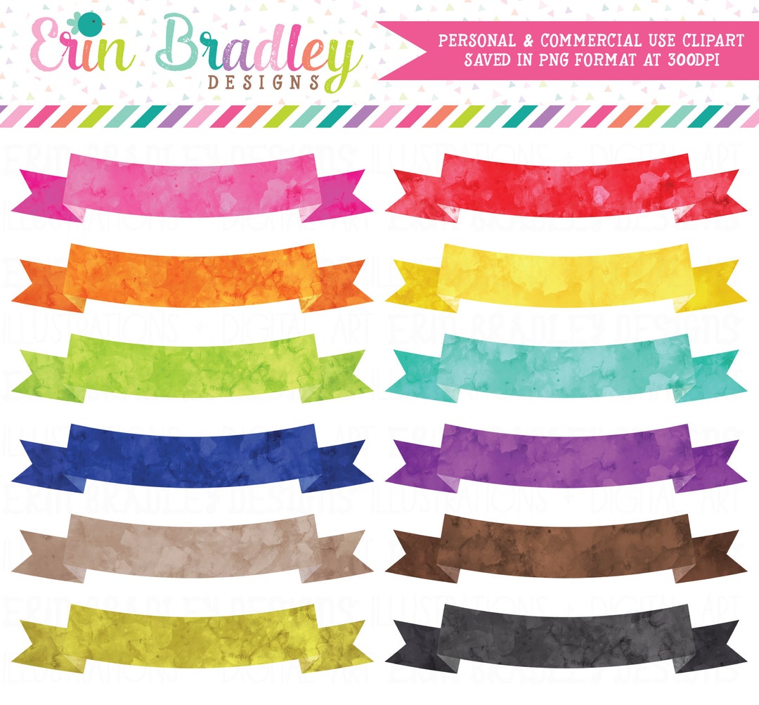 Watercolor Banner Clipart, Banner Flag Clipart, Commercial Use Clipart ...