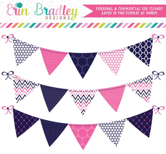 Blue and Hot Pink Commercial Use Clip Art Bunting Graphics Polka Dotted ...