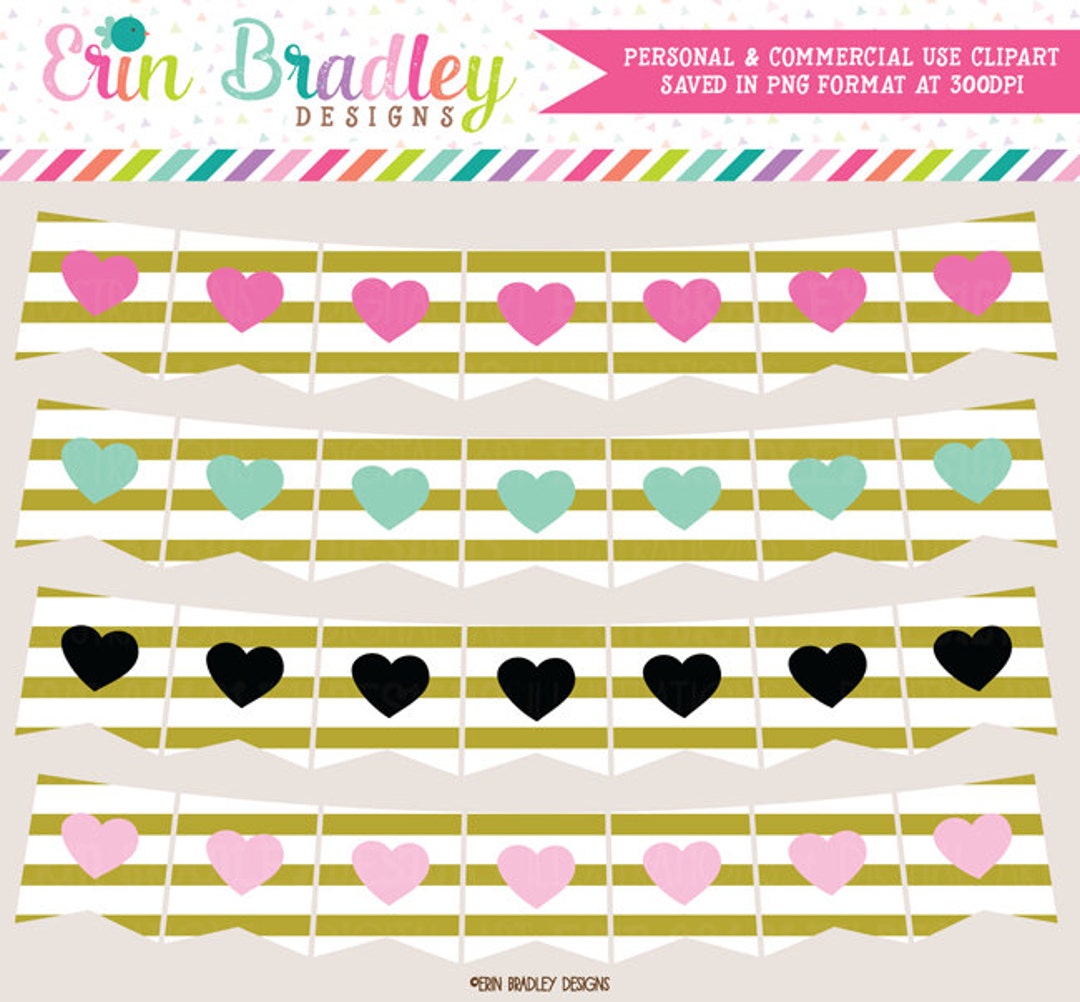 Clipart - Heart & Gold Stripes Banners Commercial Use Clip Art Bunting ...
