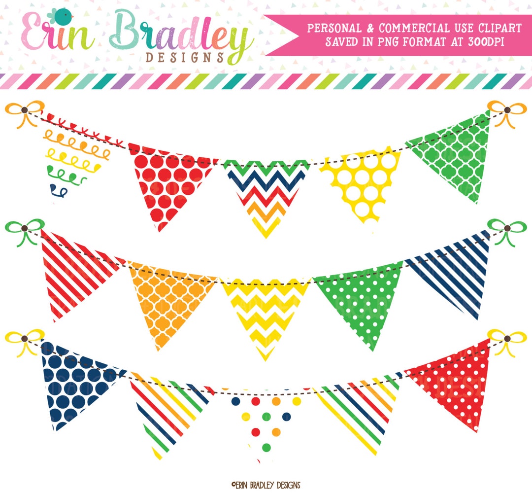 Bunting Banner Flag Clipart Set: Primary Colors, Polka Dots, Stripes ...