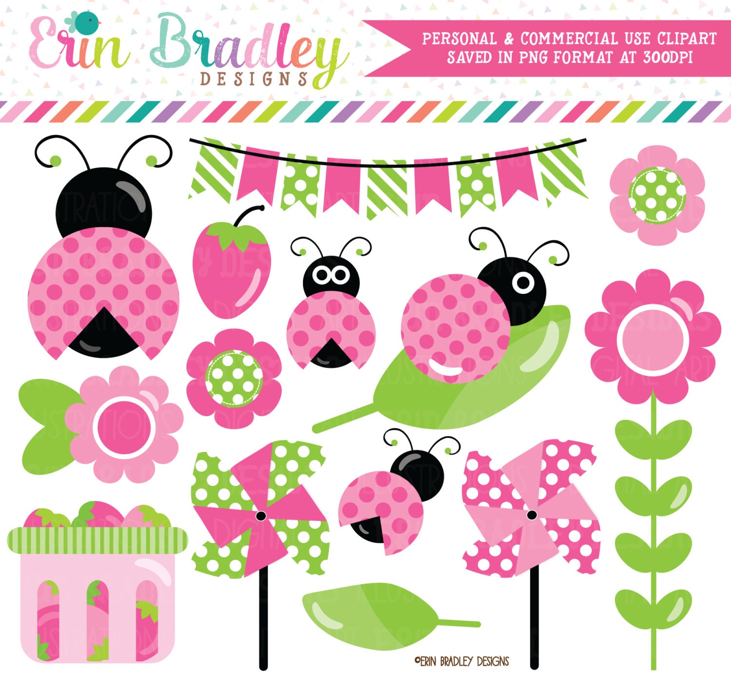 Ladybug Pink Clipart Graphics With Strawberries Bunting Pinwheels ...