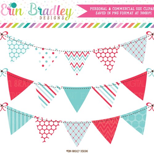 Bunting Clipart Graphics Digital Banner Flags Clip Art in Pink - Etsy