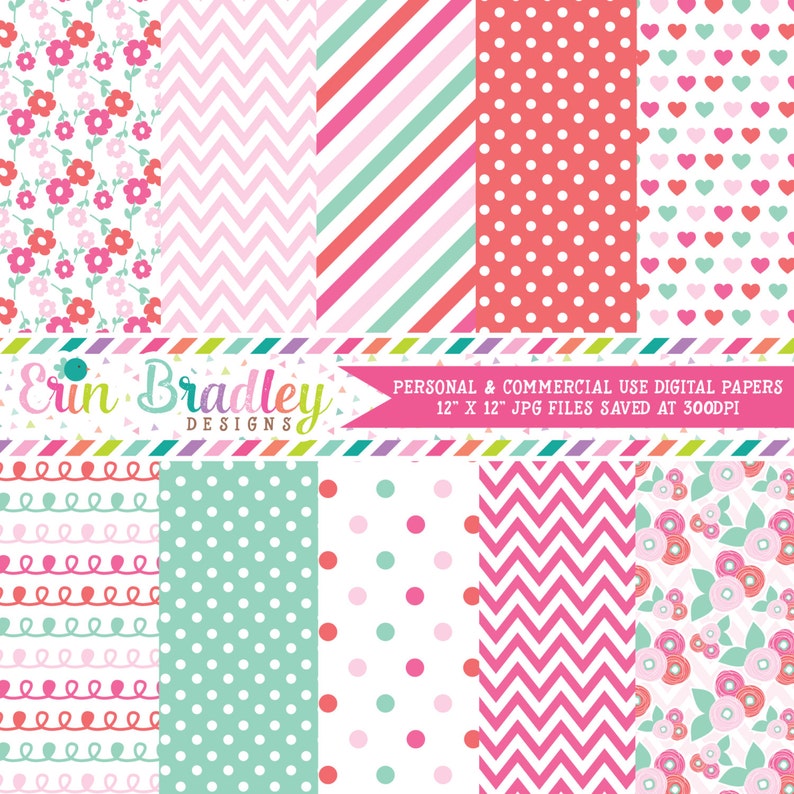 Floral Digital Paper Pack in Pink and Aqua Blue Flowers Hearts - Etsy