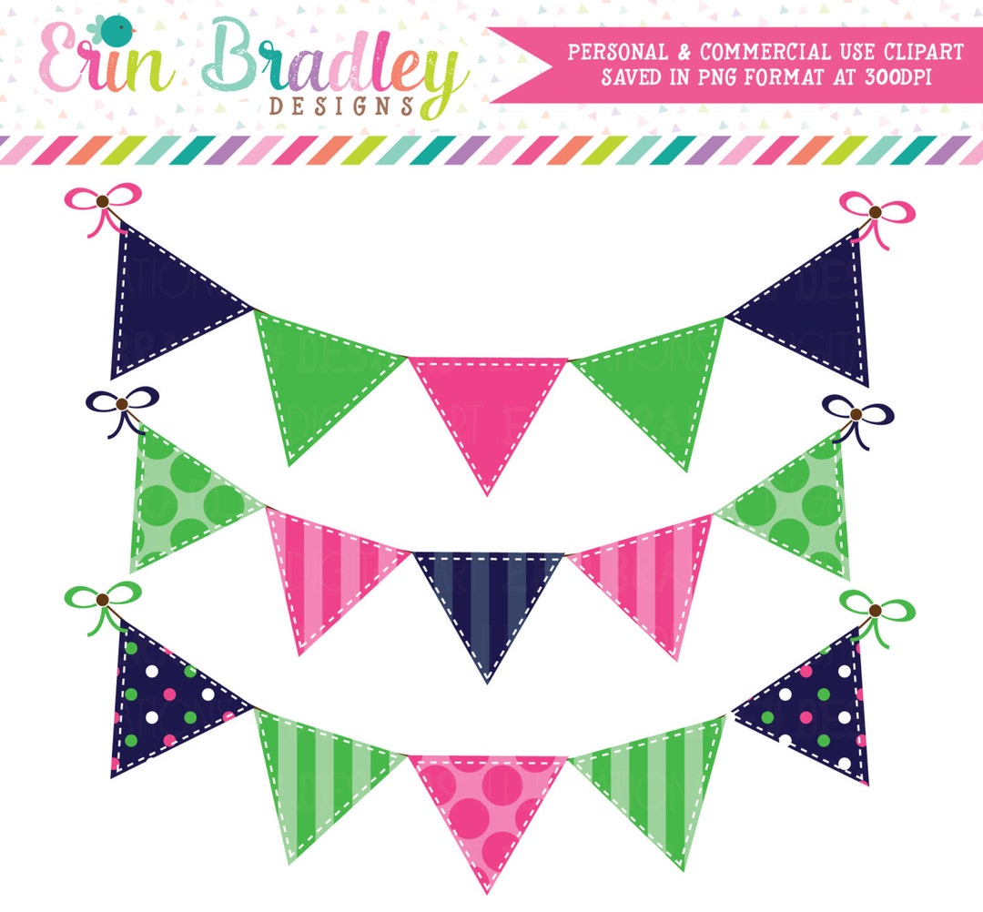 Preppy Bunting Clipart Commercial Use Blue Green and Pink Banner Flags ...