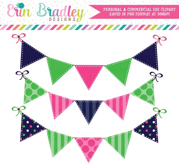 Preppy Bunting Clipart Commercial Use Blue Green and Pink Banner Flags ...