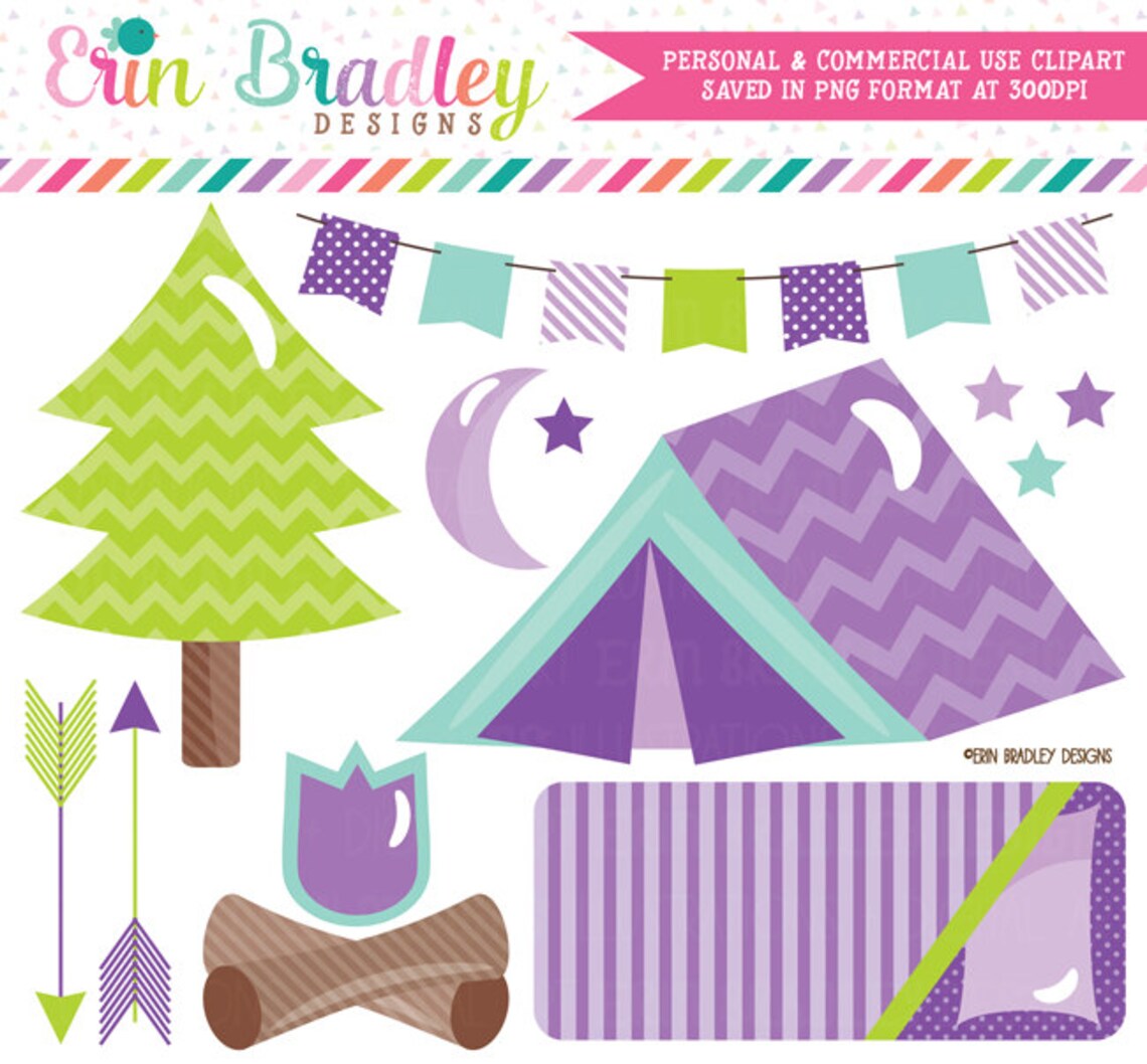 Glamping Clipart Set Girls Camping Clip Art in Purple - Etsy