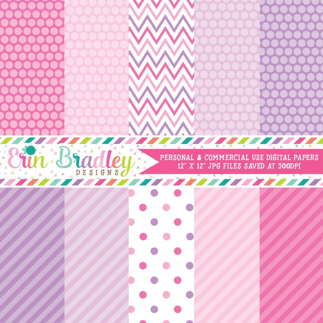 Pink & Purple Digital Paper Set: Polka Dots, Stripes, Chevron (digital ...